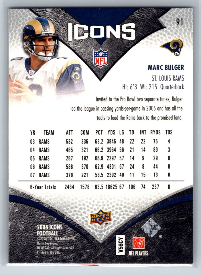 2008 Upper Deck Icons Marc Bulger Silver Foil Parallel St. Louis Rams ...