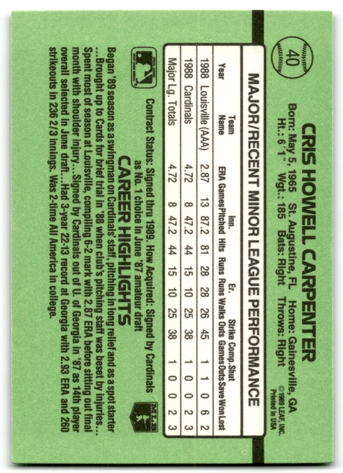 1989 Donruss The Rookies Cris Carpenter Rookie St. Louis Cardinals #40 ...