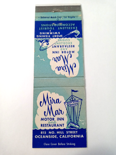 Vintage Matchbook: Mira Mar Motor Inn & Restaurant, Oceanside, CA | eBay