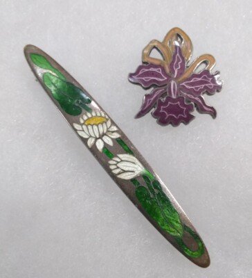 2 Water Lilly & Purple Iris Enamel Enamelled Vintage Sterling Silver ...