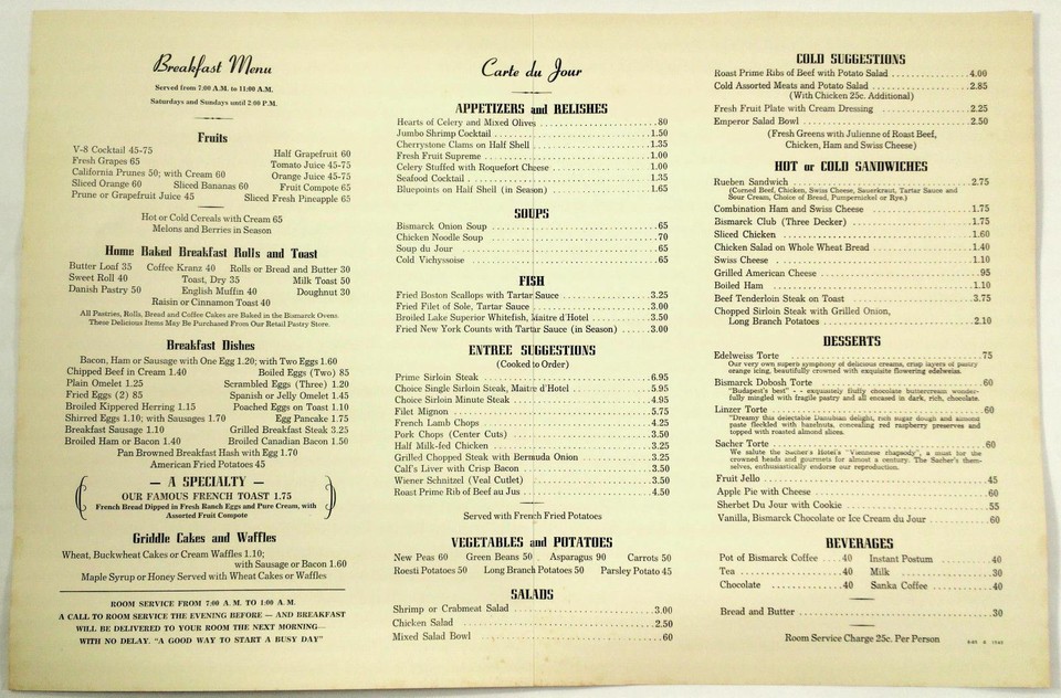 1960's ROOM SERVICE Menu BISMARK HOTEL Swiss Chalet Garden Lounge ...