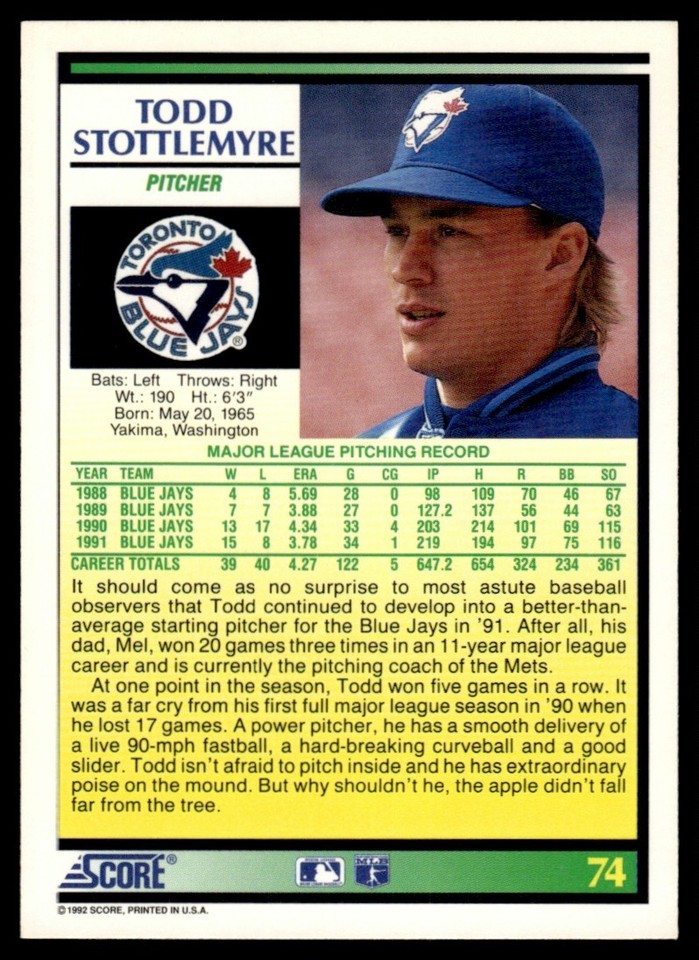 1992 Score Todd Stottlemyre Toronto Blue Jays #74 14756 | eBay