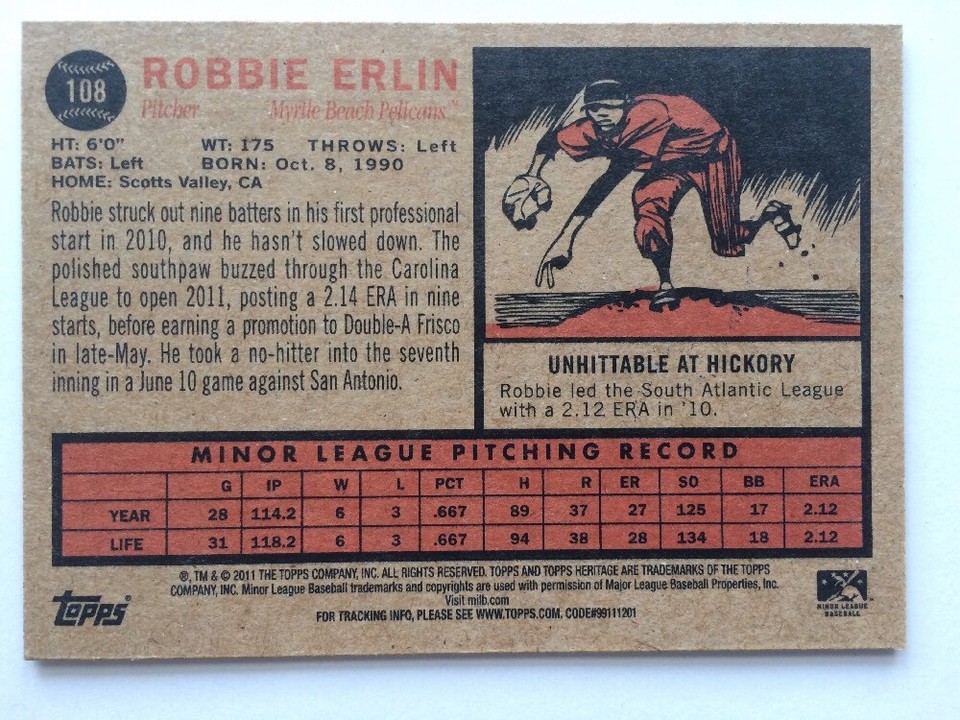 Robbie Erlin 2011 Topps Heritage Minors Autographed Padres Signed RC ...