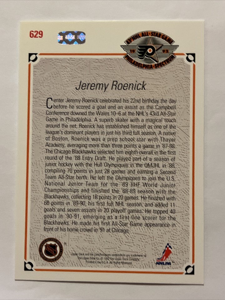 1991-92 Upper Deck Jeremy Roenick All-Star Chicago Blackhawks #629 NHL ...