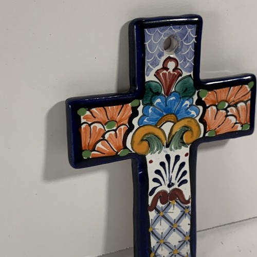 Vtg Talavera Pueblo Hand Painted Glazed Pottery Cross~Mexican Folk Art ...