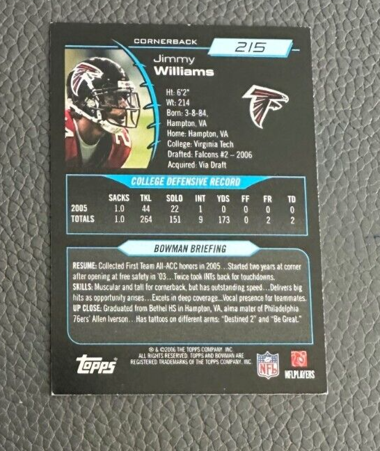 2006 Bowman Jimmy Williams RC #215 Atlanta Falcons | eBay