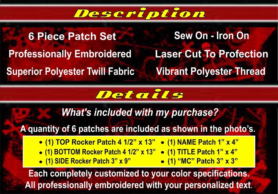 CUSTOM EMBROIDERED 6 PIECE 13" MC ROCKER PATCH SET OUTLAW BIKER CUT ...