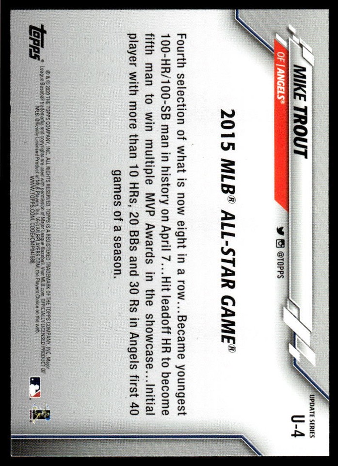2020 TOPPS UPDATE MIKE TROUT U-4 MINT ALL STAR BASEBALL LOS ANGELES ...