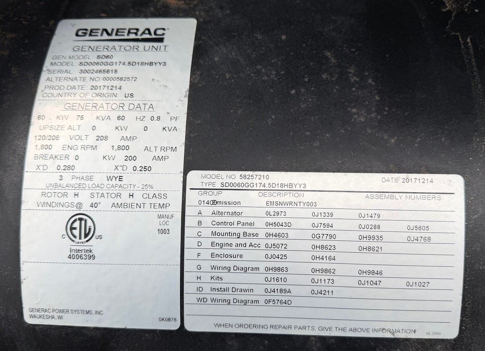 60 kw Generac / Iveco Diesel Generator - 4.5L 4 Cyl. - 275 Hours - Mfg ...
