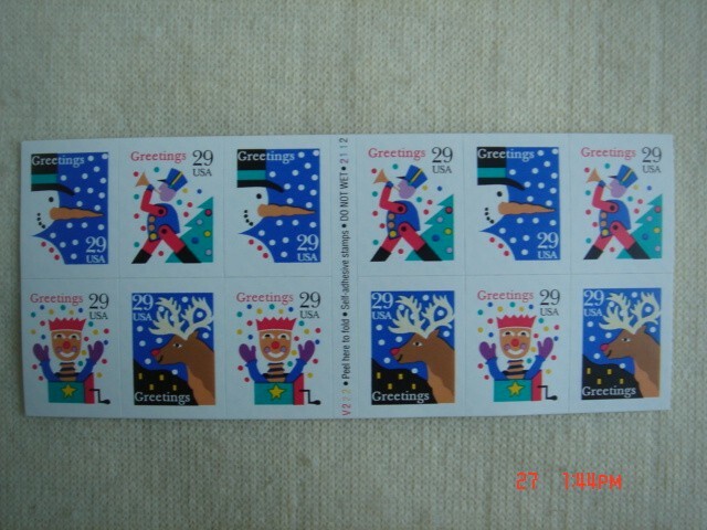 1993 Christmas Greetings 29c Stamps Full Pane (12) Issued 10/28/93 ...