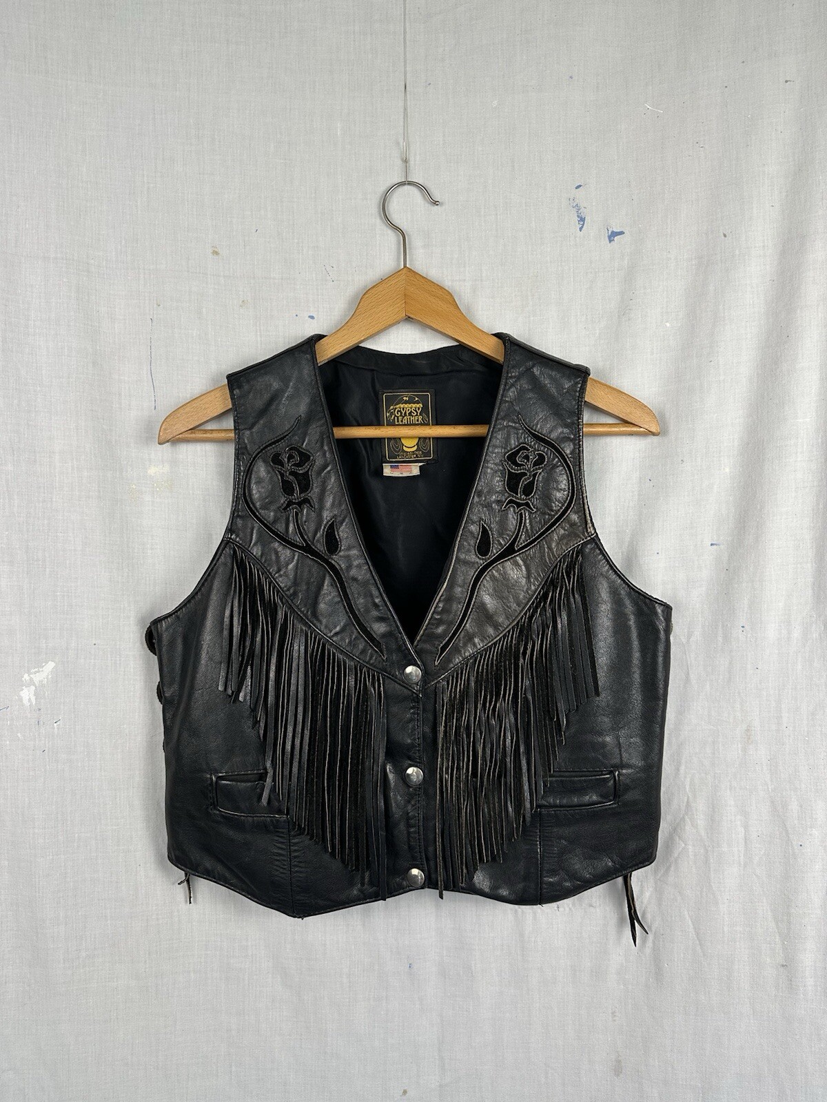 1970's Gypsy Leather black leather etched fringe vest - Gem
