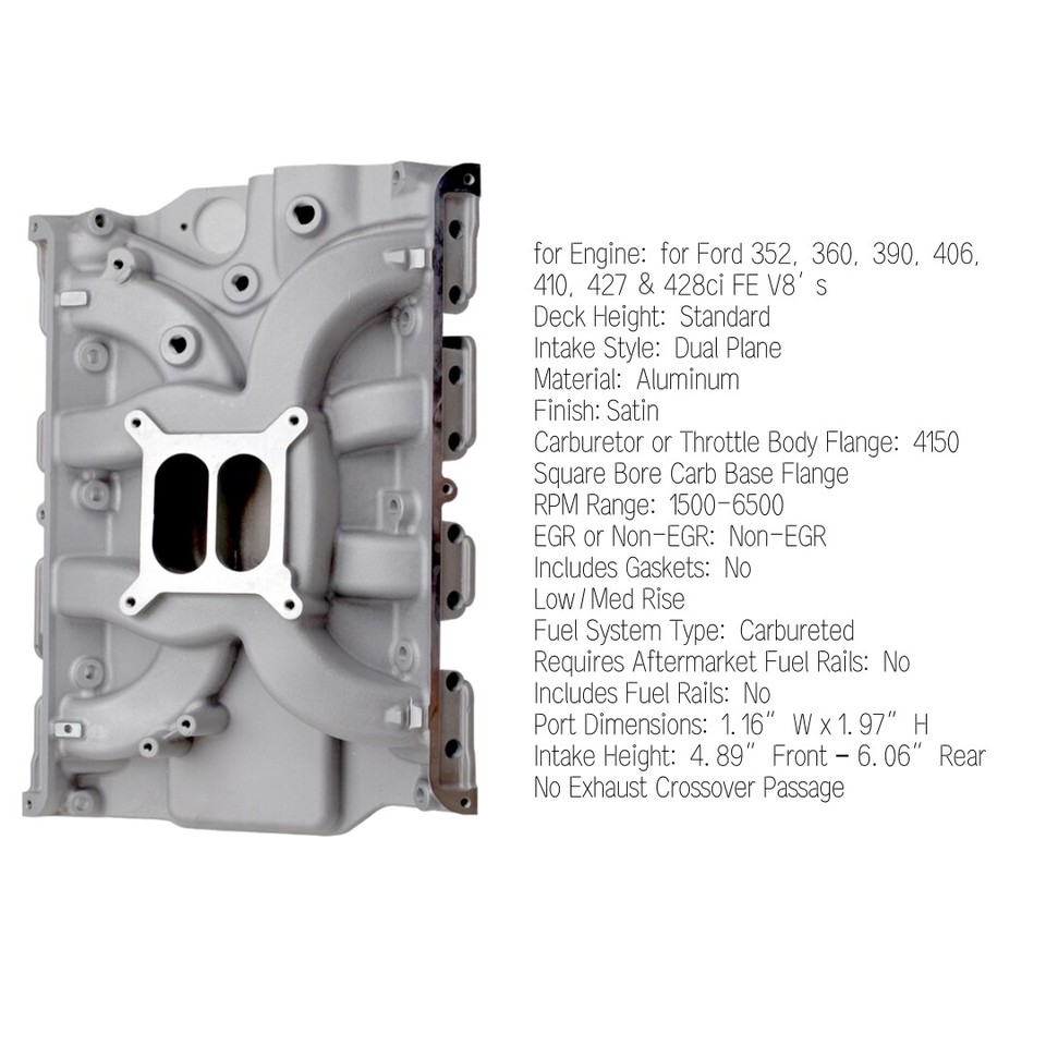 For Ford FE Intake Manifold 390 406 410 427 428 Aluminum Dual Plane ...