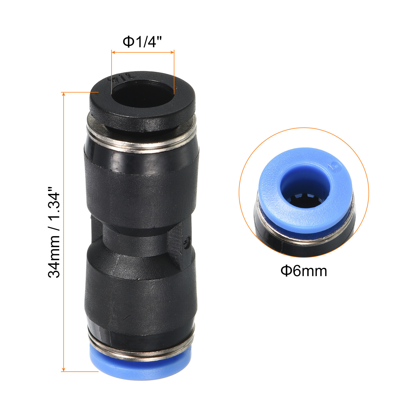 5Pcs 1/4" to 6mm Reducing Push to Connect Air Line Fitting Black Blue ...