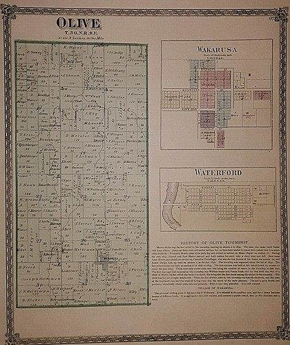 Antique 1874 Plat Map OLIVE - WAKARUSA - WATERFORD Twps., ELKHART Co ...