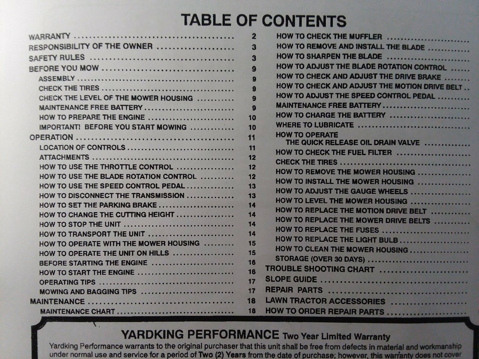 Yard King Performance Murray Hydro 20hp Lawn Mower Owner & Parts Manual ...