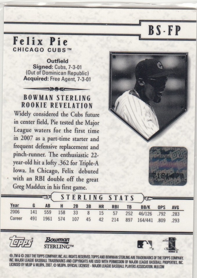 2007 Bowman Sterling Prospect Autograph FELIX PIE RC Auto Cubs | eBay