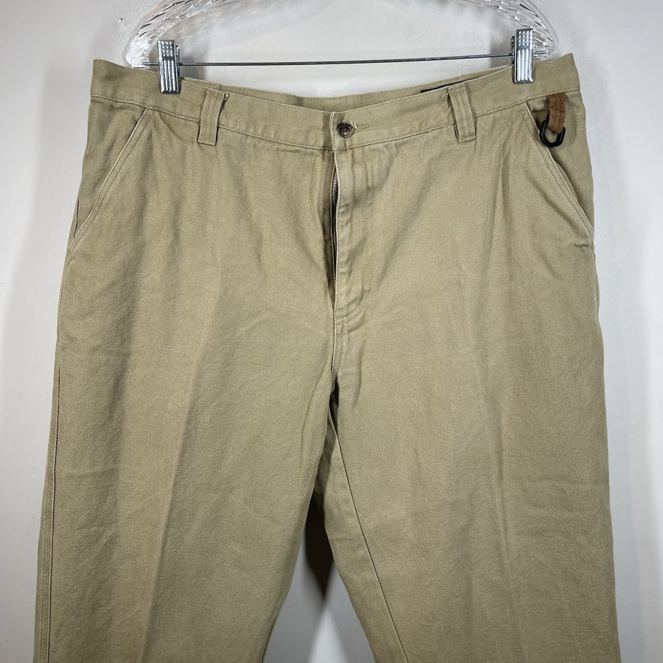Orvis Zambezi Twill Chino Pants Leather Trim Size 40x30 Flat Front ...