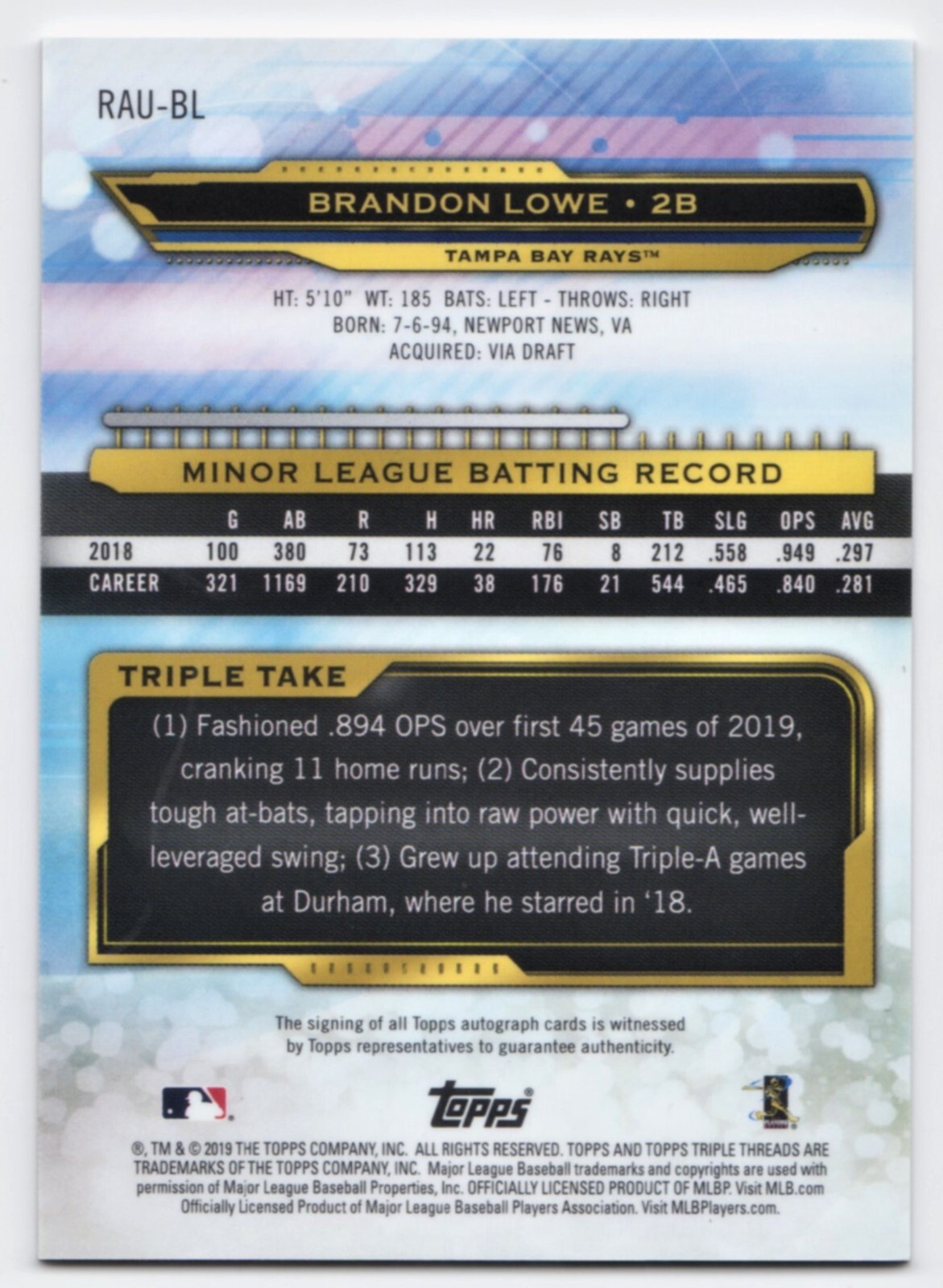 2019 Topps Triple Threads - Rookie Autographs Gold #RAU-BL Brandon Lowe ...