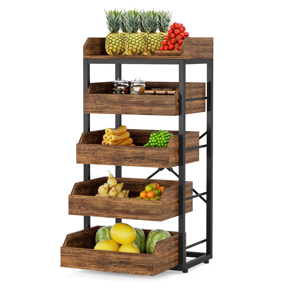 5-Tier Wood Fruit Vegetable Storage Rack, Home Kitchen Utility Shelf ...