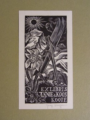 Exlibris für Annie & Koos Koote. Motiv: Skier und Skistöcke vor ...