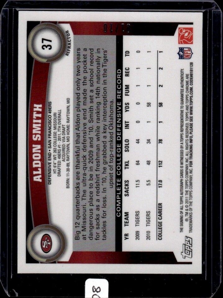 Aldon Smith 2011 Topps Chrome Gold Refractor Rookie Auto /10 49ers | eBay