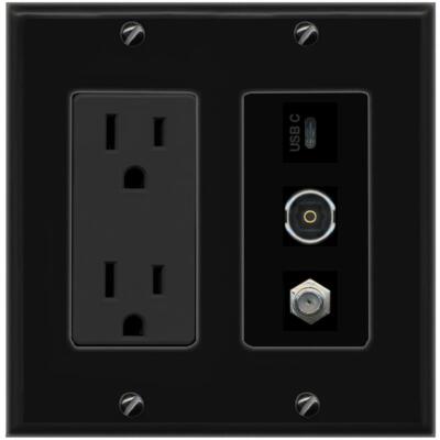 [3 Ports] COAX TOSLINK USBC Black Wall Plate with 15A Power Outlet | eBay