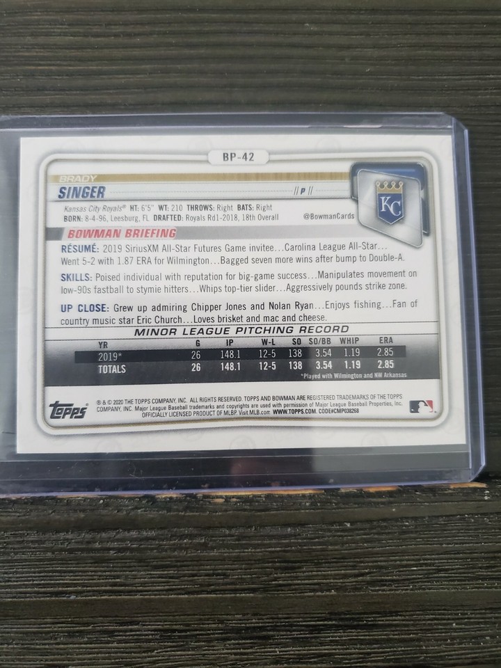 2020 BOWMAN CAMO PROSPECTS ROOKIE #BP-42 BRADY SINGER KANSAS CITY ...