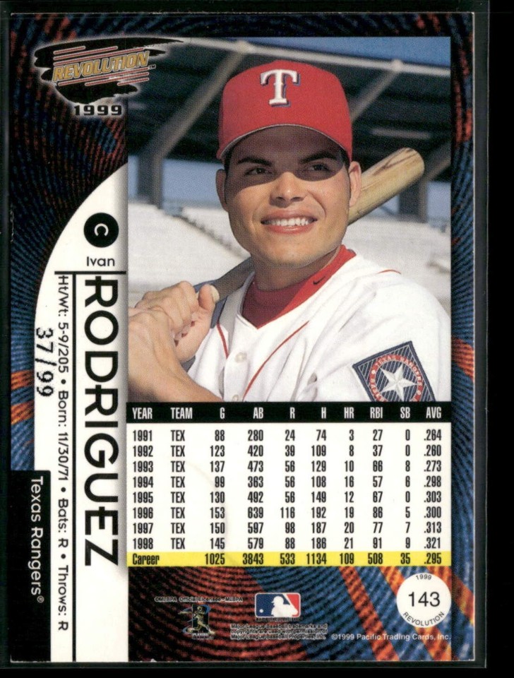 1999 Pacific Revolution IVAN RODRIGUEZ /99 Shadow Series Foil RANGERS ...