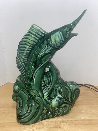 VINTAGE GREEN SWORD FISH SAILFISH CERAMIC TV LAMP LIGHT 1950'S 60'S ...