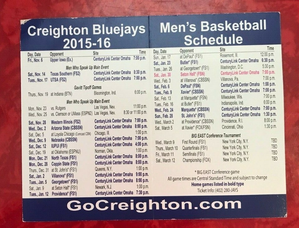 2015 - 2016 CREIGHTON BLUEJAYS BASKETBALL SCHEDULE MAURICE MO WATSON on ...