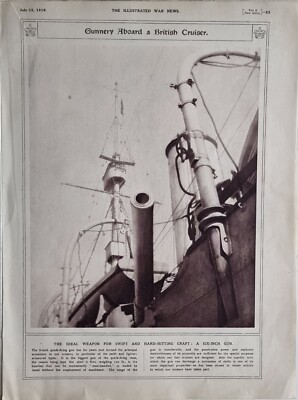 1916 WWI WW1 PRINT GUNNERY ABOARD BRITISH CRUISER 6 INCH GUN WEAPON ...