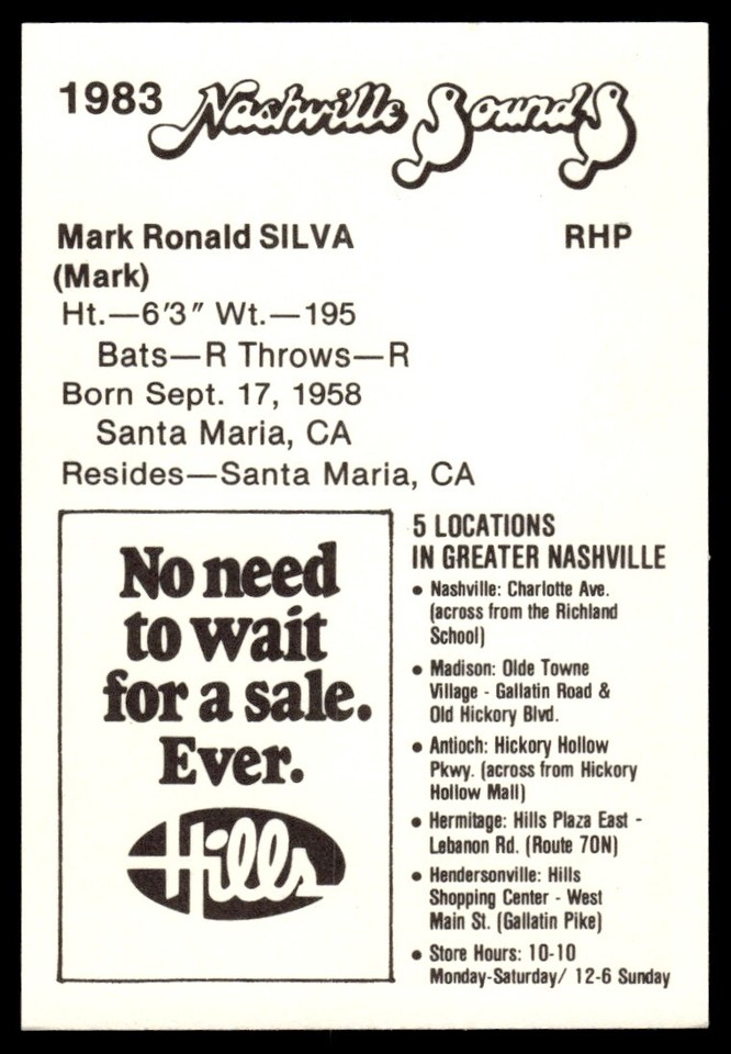 1983 Hills Nashville Sounds Mark Silva Nashville Sounds #NNO | eBay