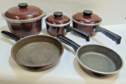 VINTAGE BROWN CLUB CAST ALUMINUM 8 PIECE POTS SKILLET & DUTCH OVEN W ...