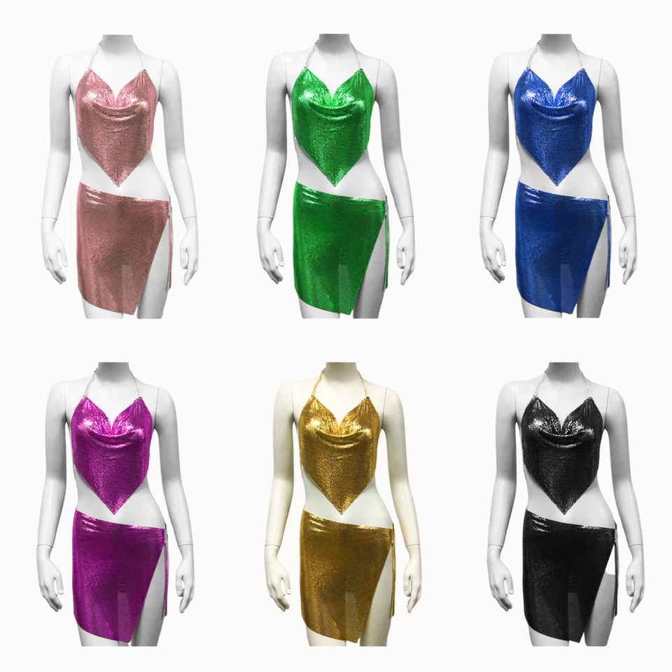 Backless Chainmail Mesh Halter Top & Mini Skirt, Sparkly Party Outfit ...
