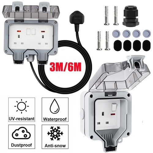 3m-6m Outdoor 13A 2 Gang With Extension Lead Switched Socket IP66 ...