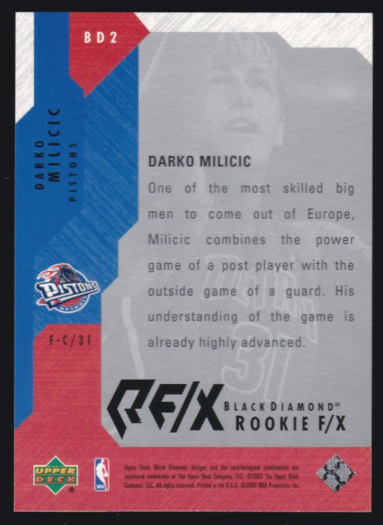 2003-04 Upper Deck Black Diamond Rookie F/X #BD2 Darko Milicic 1:288 ...