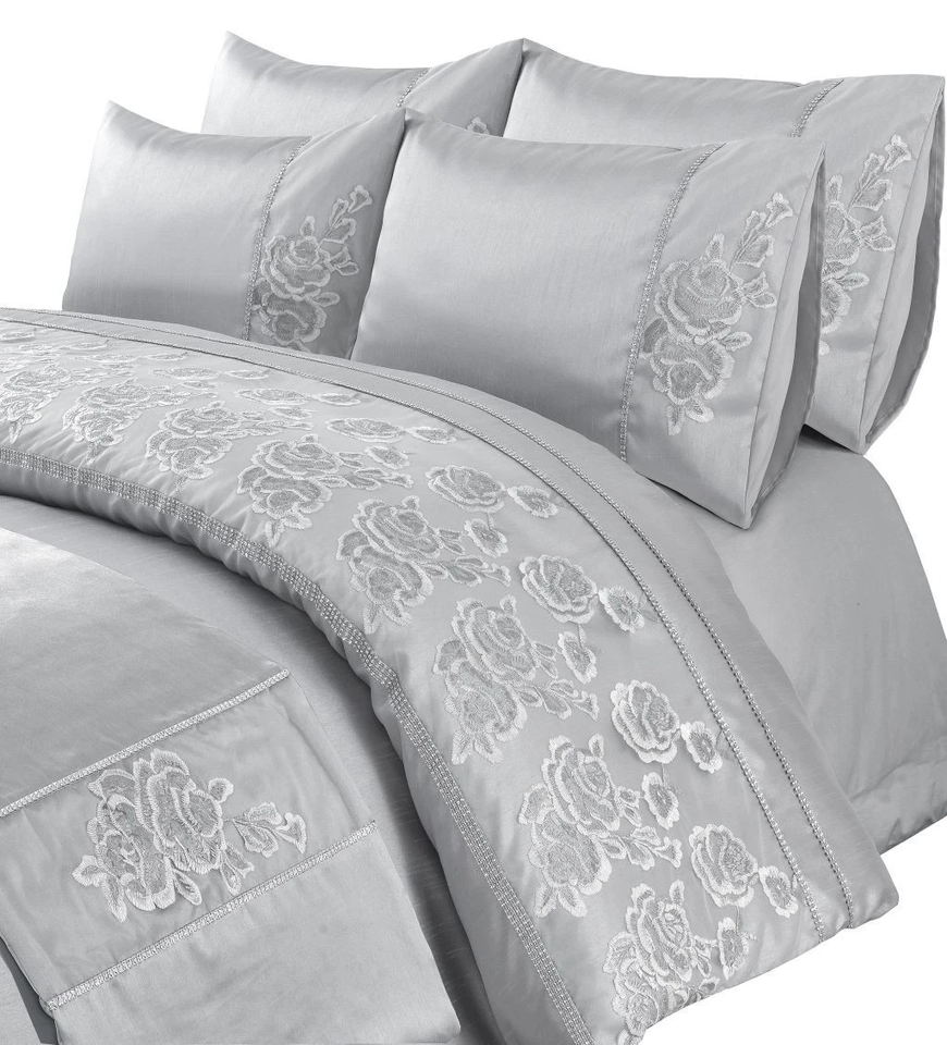 Amara Pink,Silver Duvet Cover Set Embroidered & Sequin Bedding Elegance ...