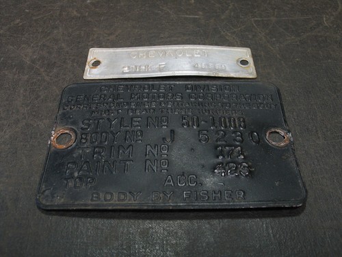 1950 50 CHEVROLET 4 DOOR FLEETLINE DELUXE COWL DATA BODY TAG TRIM CODE ...
