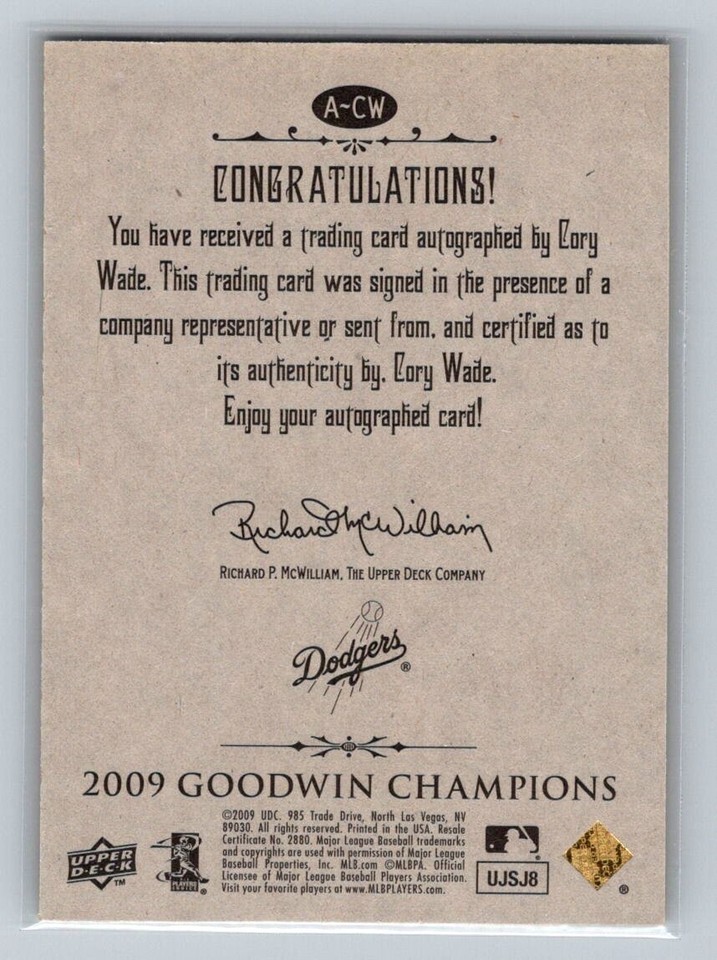 2009 Upper Deck Goodwin Champions Autographs #A-CW Cory Wade Auto ...