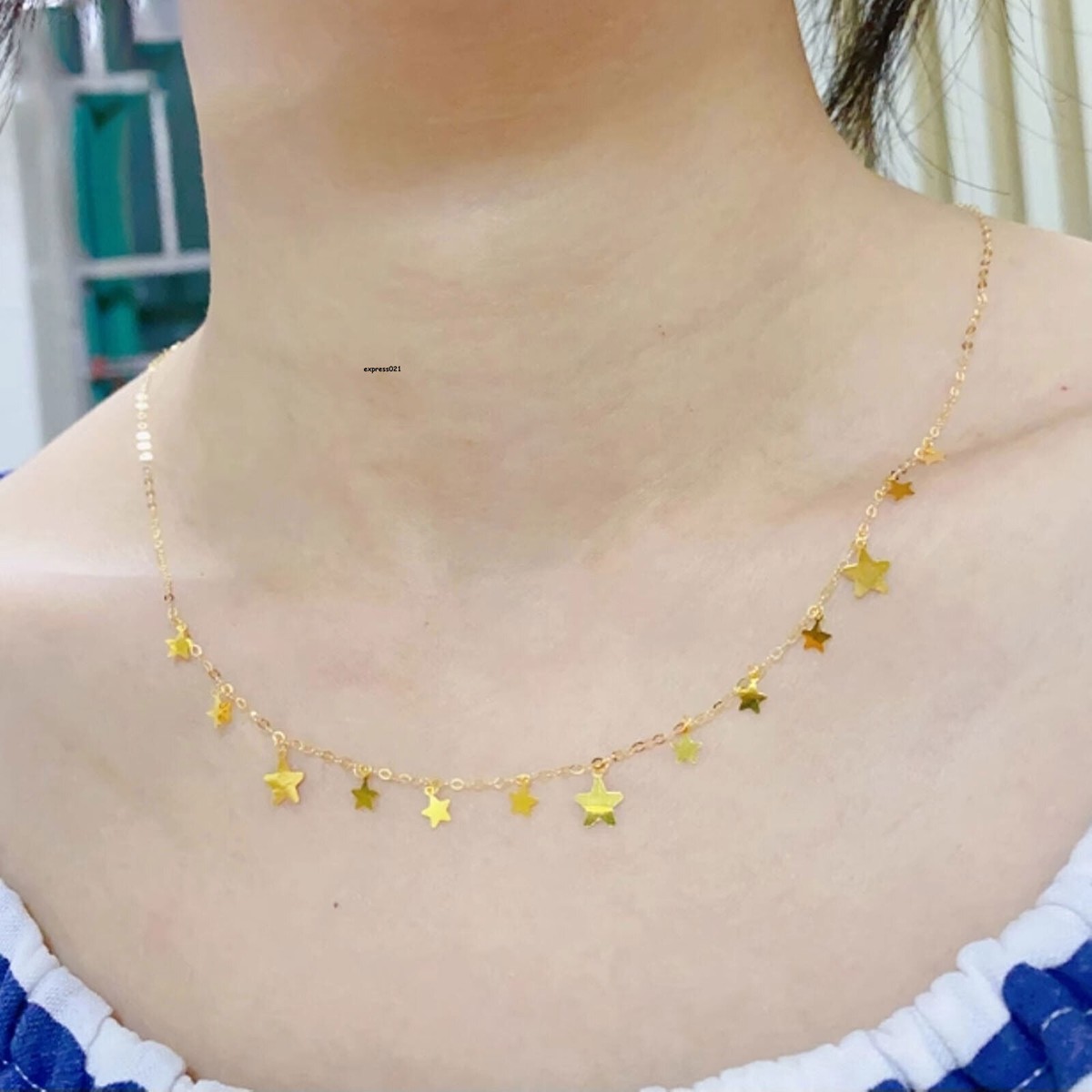 Pure 18K Yellow Gold Chain Women Star Tassel O Link Adjust Pure 18K Yellow Gold Chain Women Star Tassel O Link Adjust