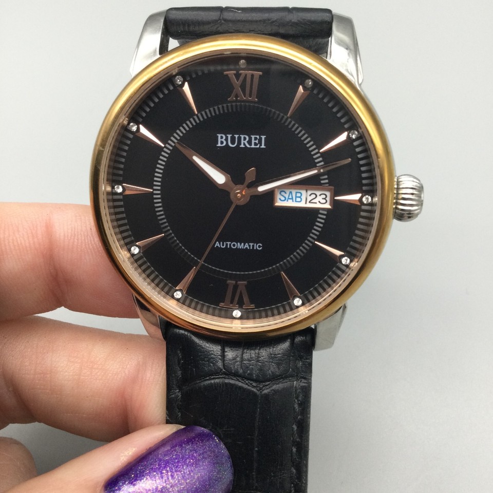 Burei Automatic Watch Men 41mm Gold Silver Tone Day Date 21 Jewels ...