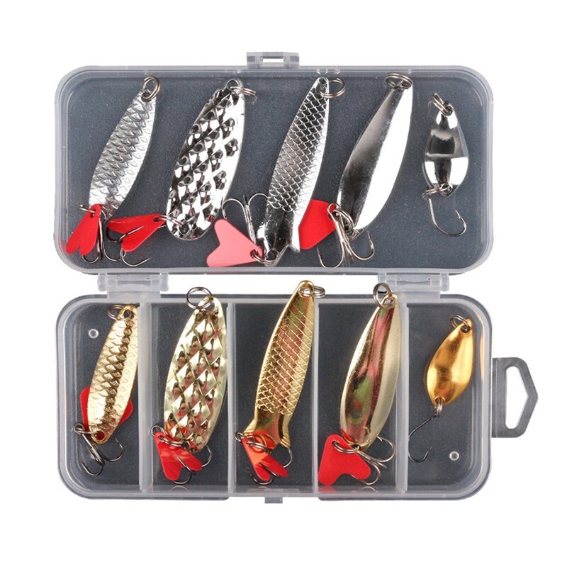 10Pcs Fishing Metal Spoon Lure Kit Set Gold Silver Baits Sequins ...