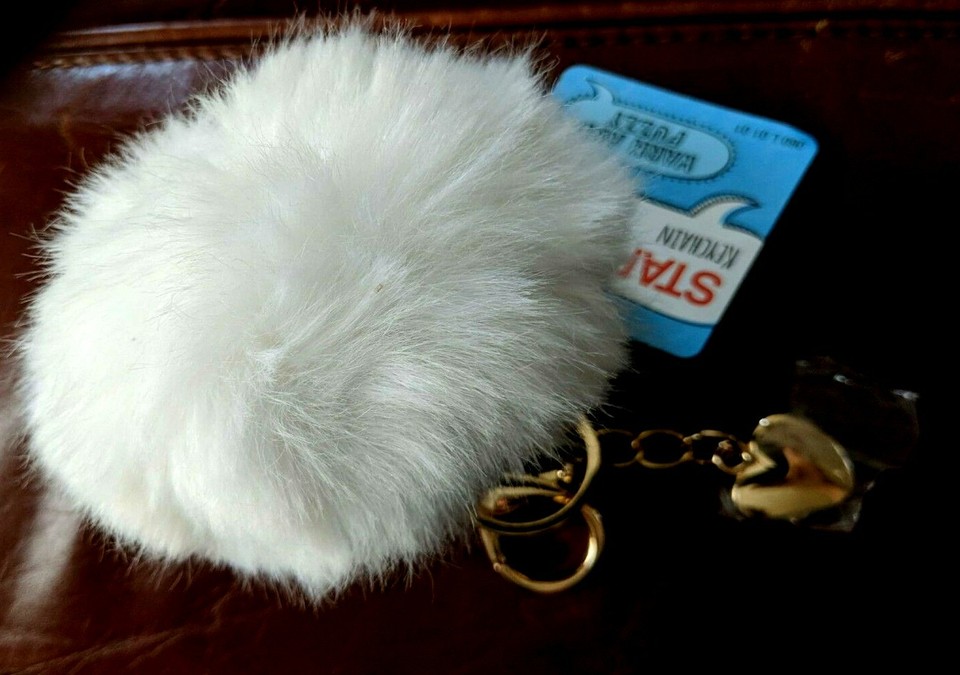 New Large White Puff Ball Puffy Key Chain Keychain w/ Dangly Heart ...