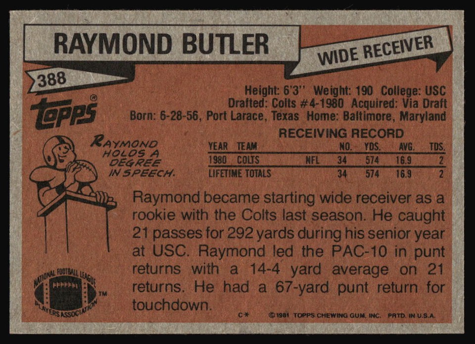 1981 Topps Raymond Butler Rookie #388 Baltimore Colts | eBay