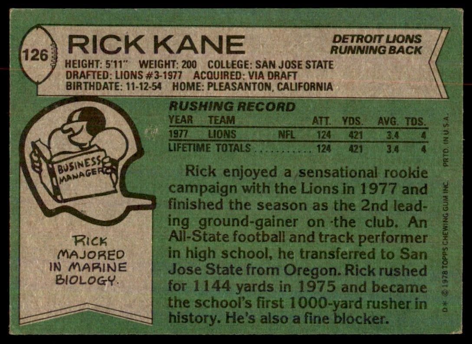 1978 TOPPS Football Vintage Rookie Trading Card #126 🏈 RICK KANE ...