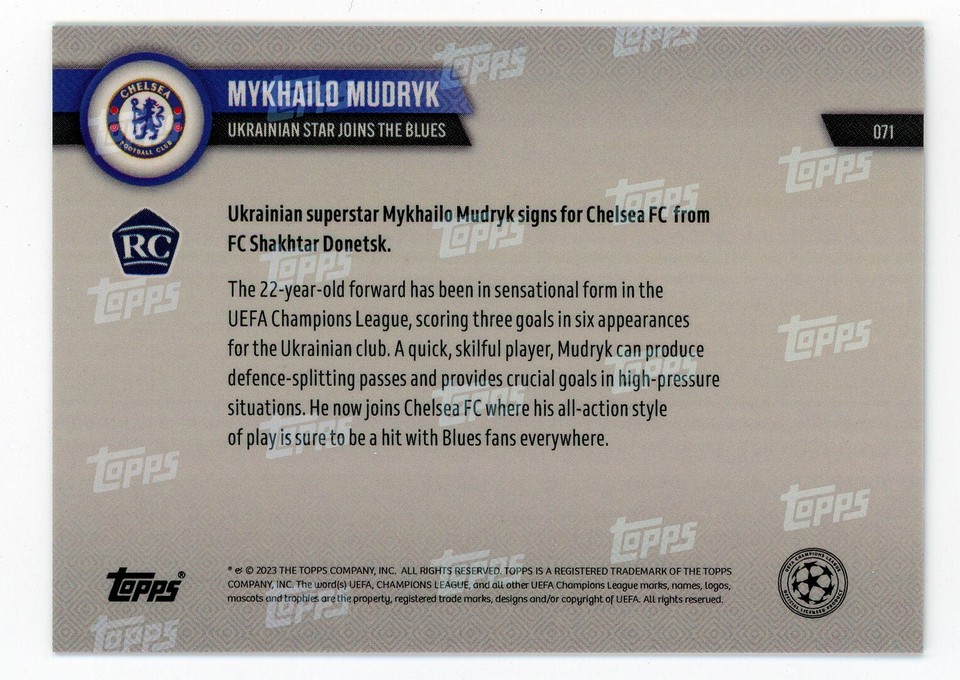 2022-23 Topps Now UEFA Champions Mykhailo Mudryk Rookie Card RC Chelsea ...