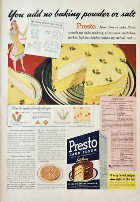 1941 Presto Cake Flour Vintage Ad You add no baking powder or salt | eBay