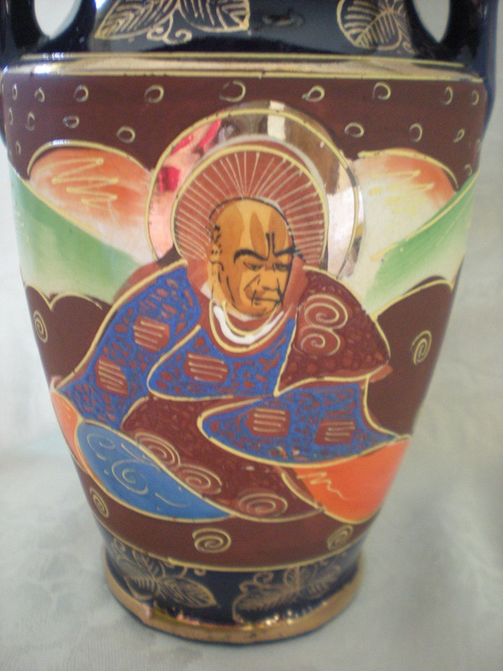 Japanese Satsuma Moriage Vase Hand Painted Cobalt Blue with Handles | eBay