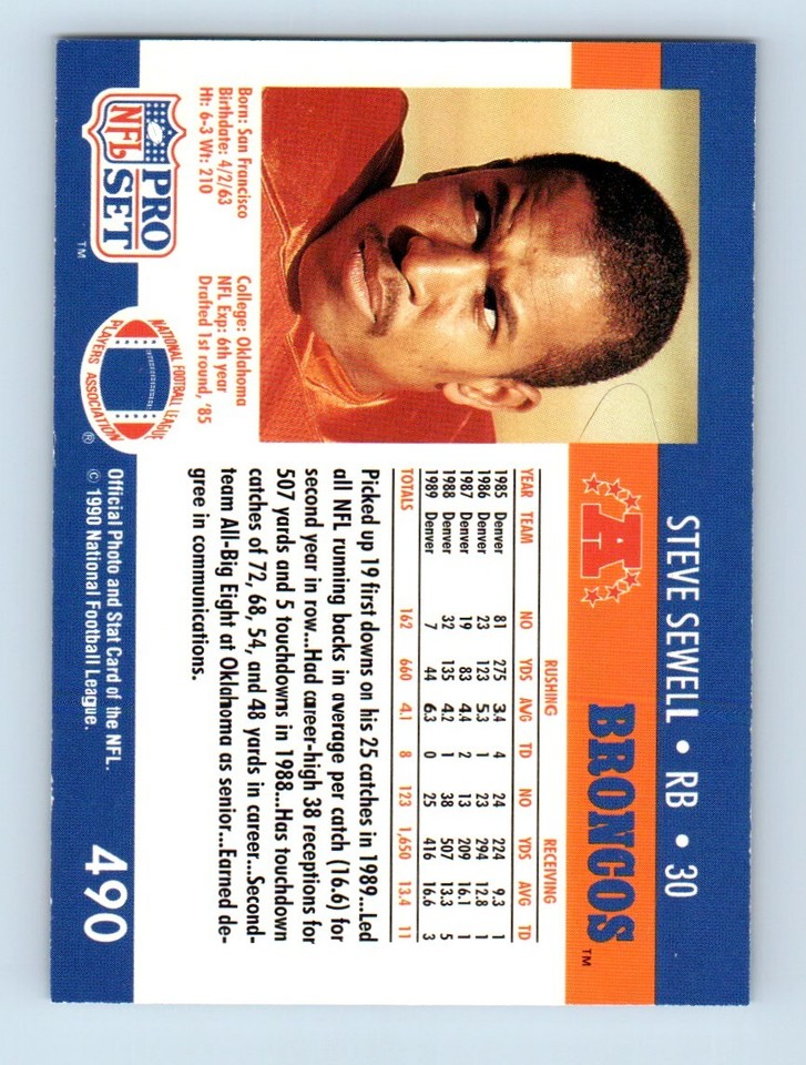 1990 Pro Set Steve Sewell Denver Broncos #490 | eBay