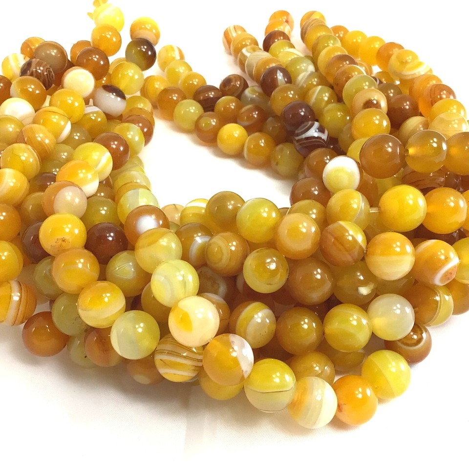 Natural Gold Yellow Stripe Agate Round Bead 15" Jewelry Making Gemstone ...
